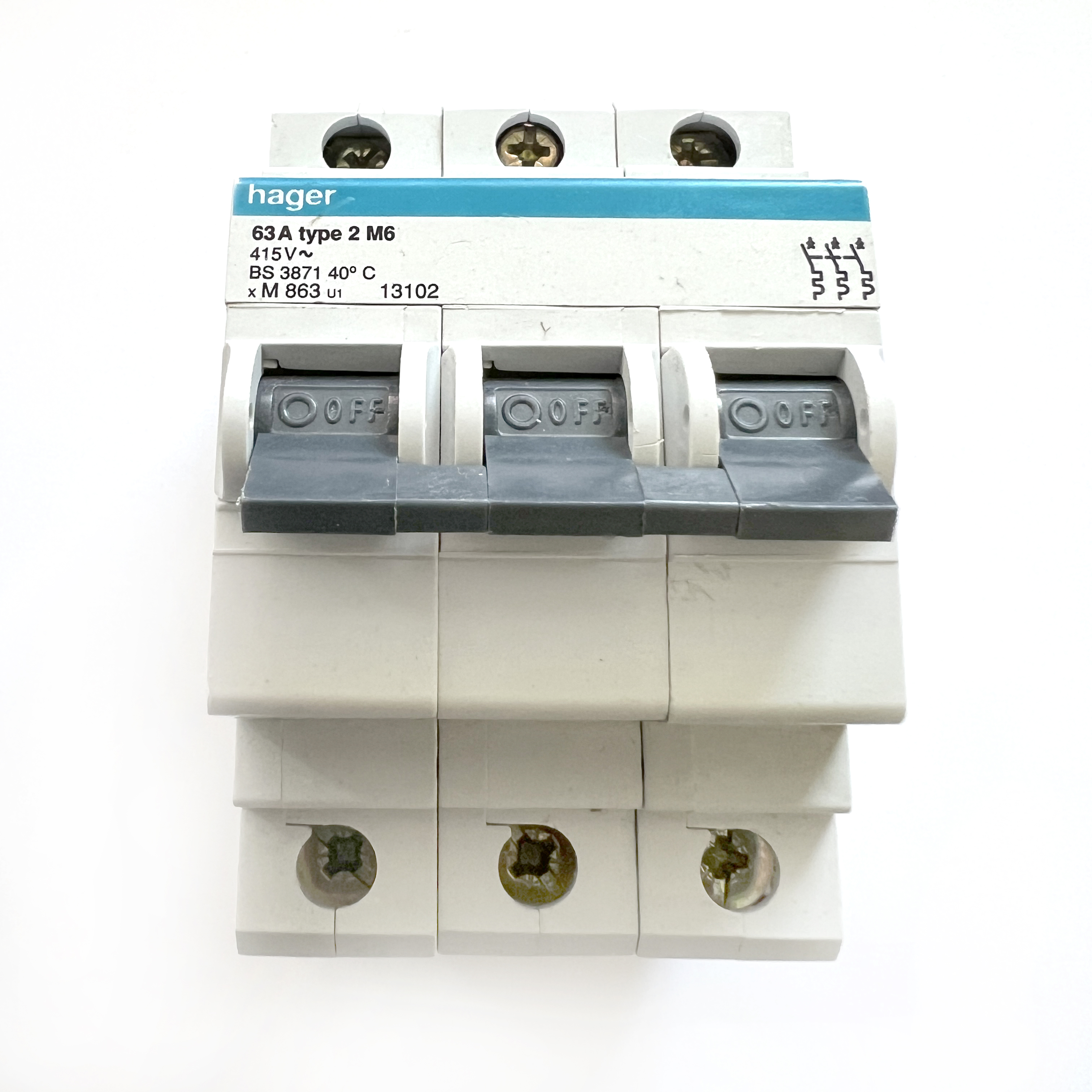 MCB's: Hager M863U1 13102 M6 63A 63 Amp 3 Pole Phase MCB Circuit ...